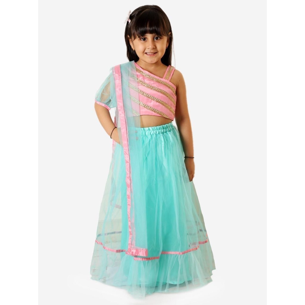 @(READY STOCK) Neel Pink green Skirt Embroidery kids lehenga /pavadai ...
