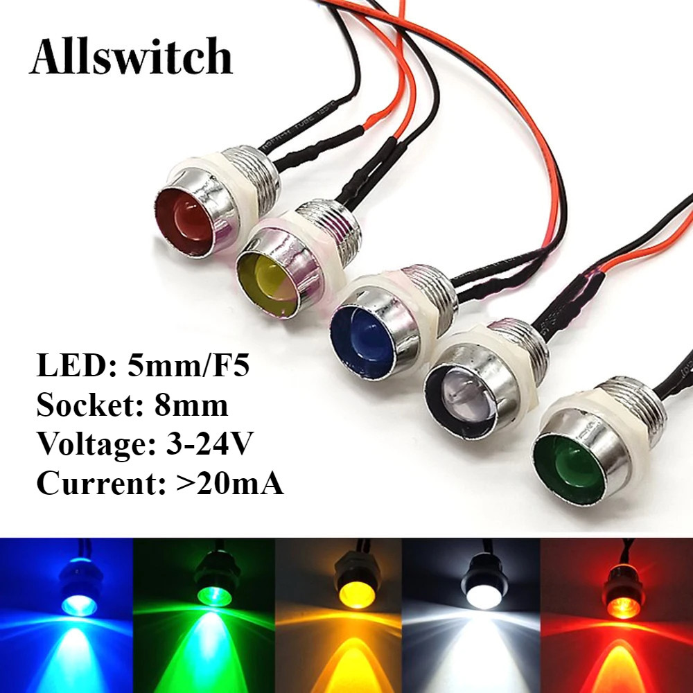 5Pcs 5mm LED with Wire Socket Pre-Wired LEDs Bulb 5V 12V 24V Emitting ...