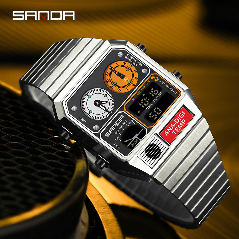 Sanda Retro Trendy Punk Dual Display Luminous Waterproof Electronic ...