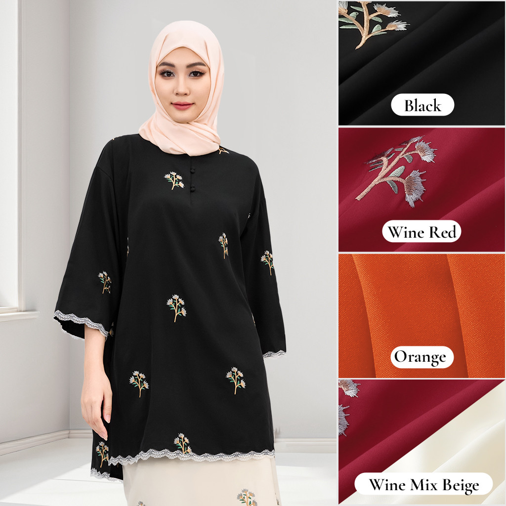 Lace Baju Kebarung Sulam Hitam Ironless Muslim Set Overlap Pencil ...