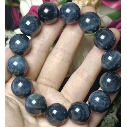 Natural Crystal Midnight Blue Tiger Eye Bracelet 16mm 天然深夜强光眼蓝虎眼手串 天然无 ...