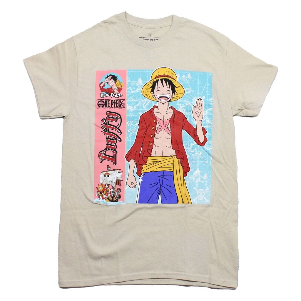 One Piece New Adult T-Shirt - Luffy Waving Standing In Front Of Map ...
