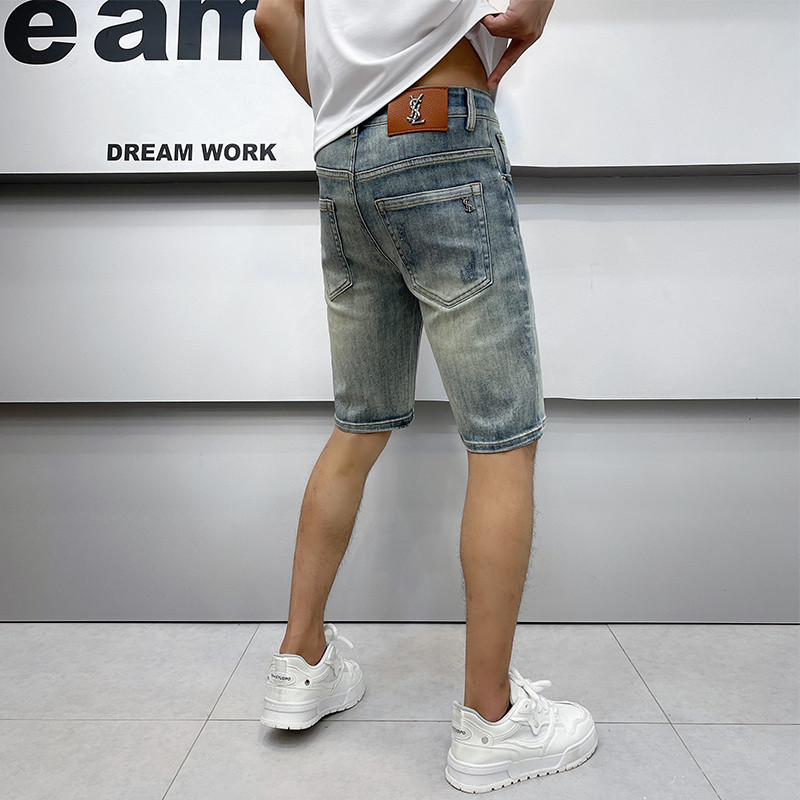 Ysl Street Wear 2024 High-End Men's Denim Mid-Leg Pants Straight Slim ...