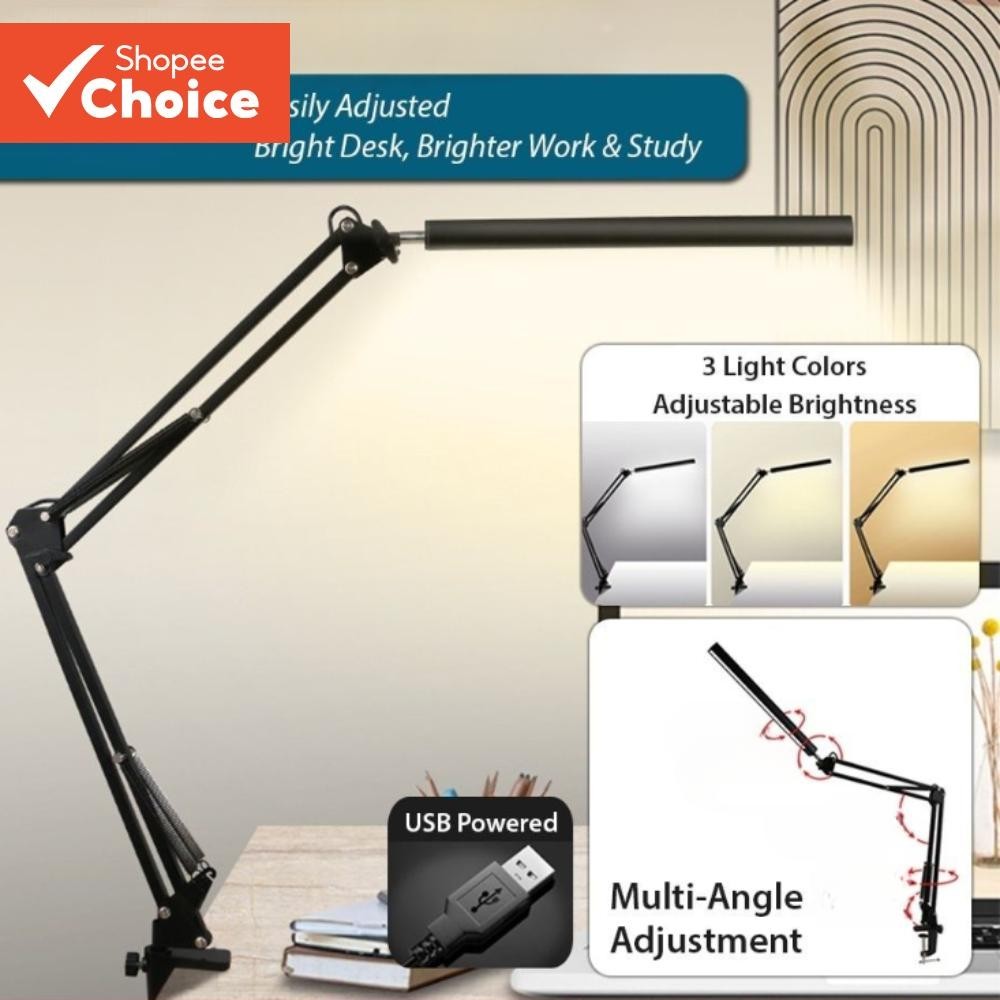 3 Light Colors LED Flexible Desk Table Lamp with Rotatable Clamp Study ...