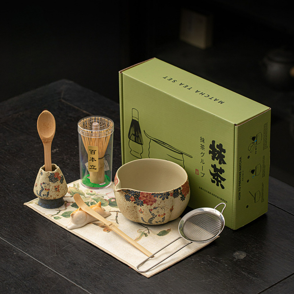 Retro Sakura Matcha Set Cat cute matcha bowl with spout chawan Matcha ...