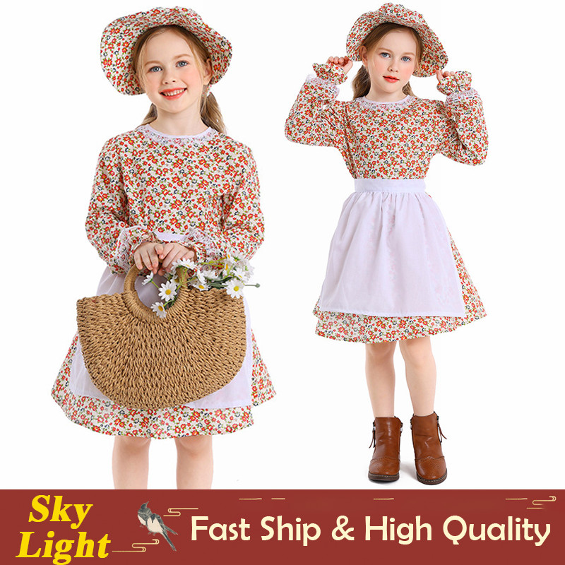 Grandma Old Lady Floral Dress For Kids Girl French Maid Costume Cosplay ...
