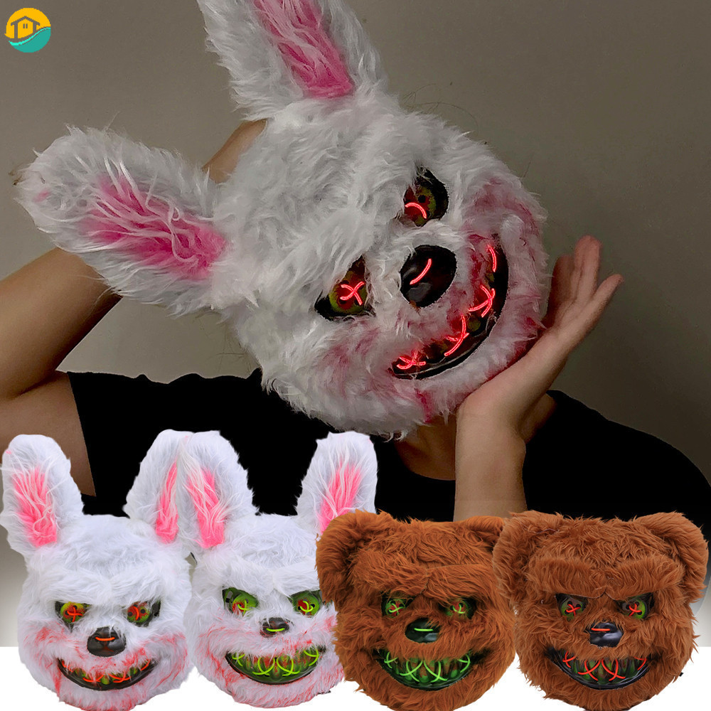 Cosplay LED Glowing Face Mask Halloween Horror Plush Bloody Rabbit Bear ...