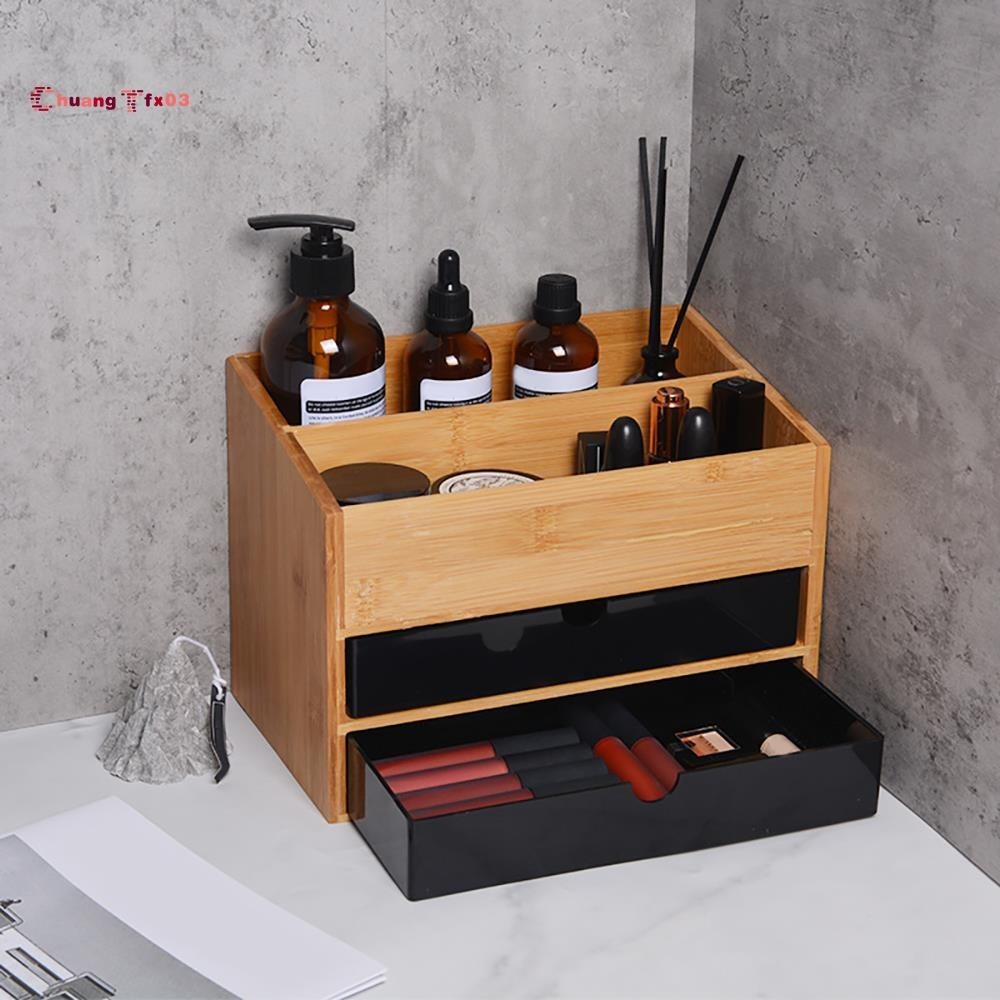 Bamboo Separate Cosmetic Drawer Storage Box Desk Organiser Office ...
