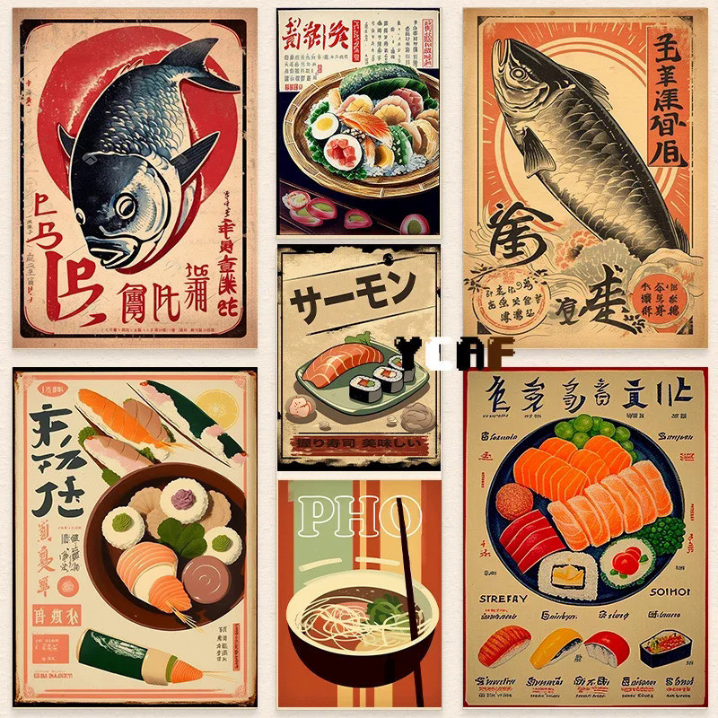 Vintage Japanese Food Poster Canvas Printing Vintage Fish Sushi Lamian ...