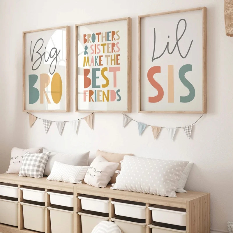 Cartoon Cute Child Big Bro Lit Sis Quotes Nursery Wall Art Canvas ...