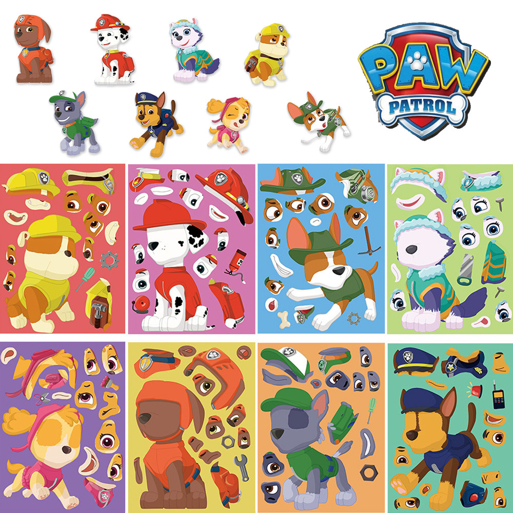 MUYA 8 Sheets/Set PAW Patrol Stickers Waterproof Make a Face Puzzle ...