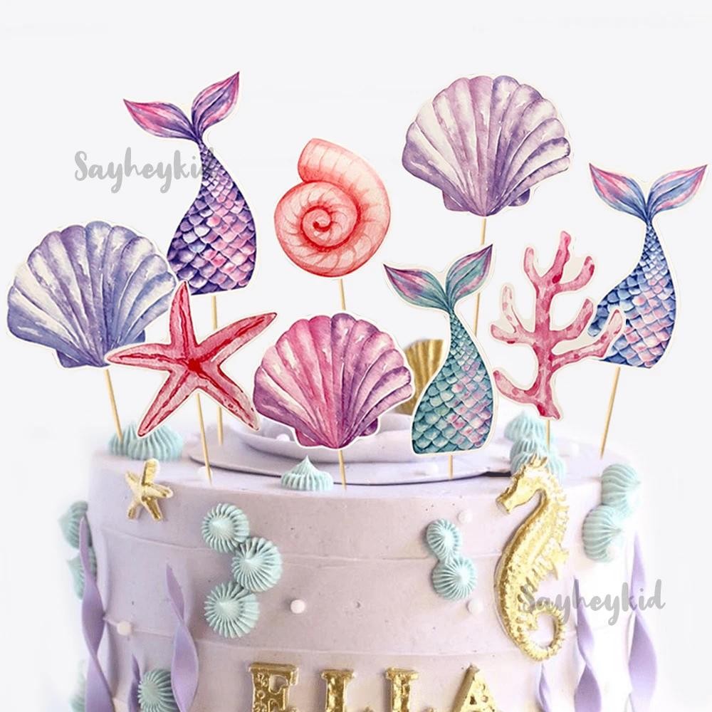 1 Set Mermaid Cake Toppers Purple Pink Mermaid Tail Sea Shell Coral ...