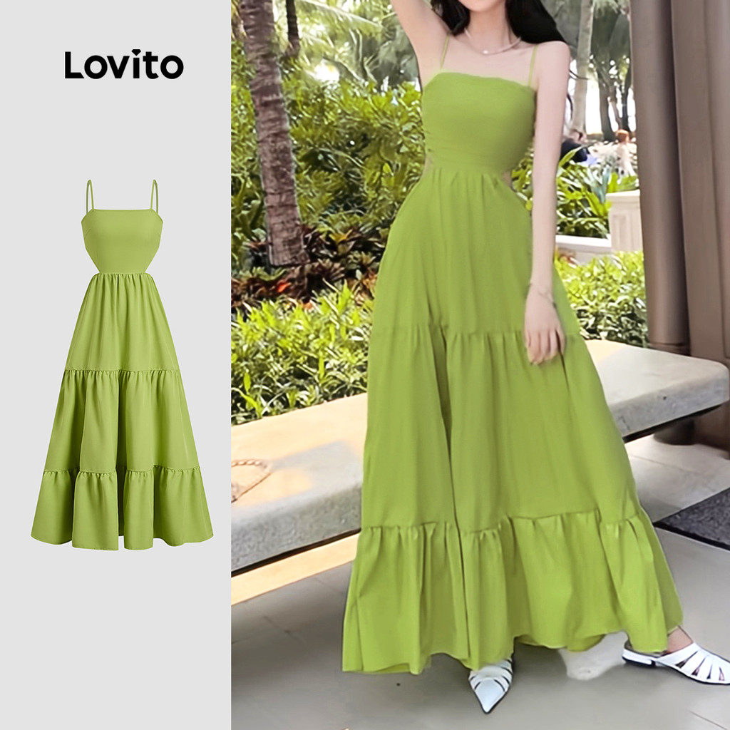 Lovito Boho Dress Ruffle Hem Cut Out Spring/summer Green Dress for ...