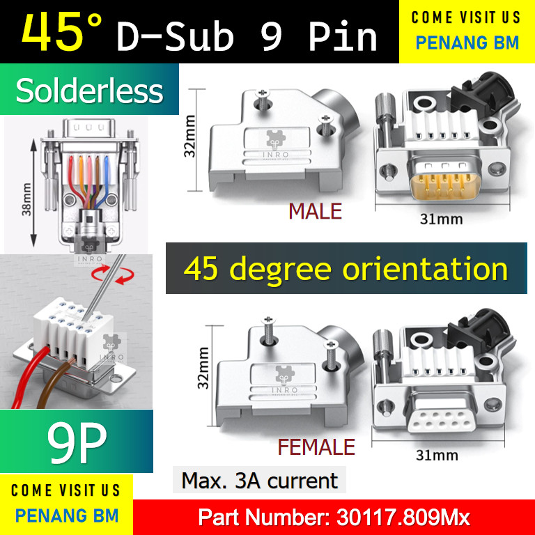 45degree [*Metal Cover Compact Solderless 9P] Male Female DB9 D-Sub ...
