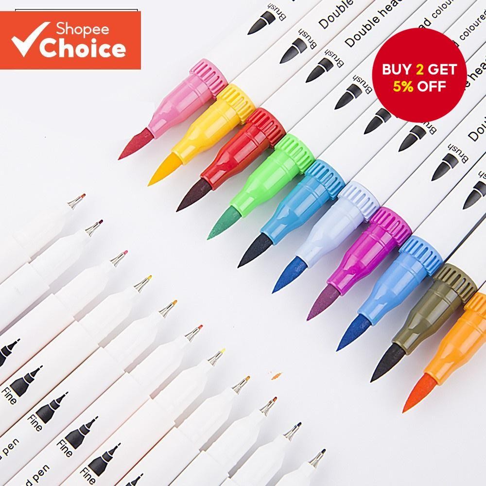 12 Color Dual Tip Marker Set – Highlighter & Watercolor Brush Pens for ...