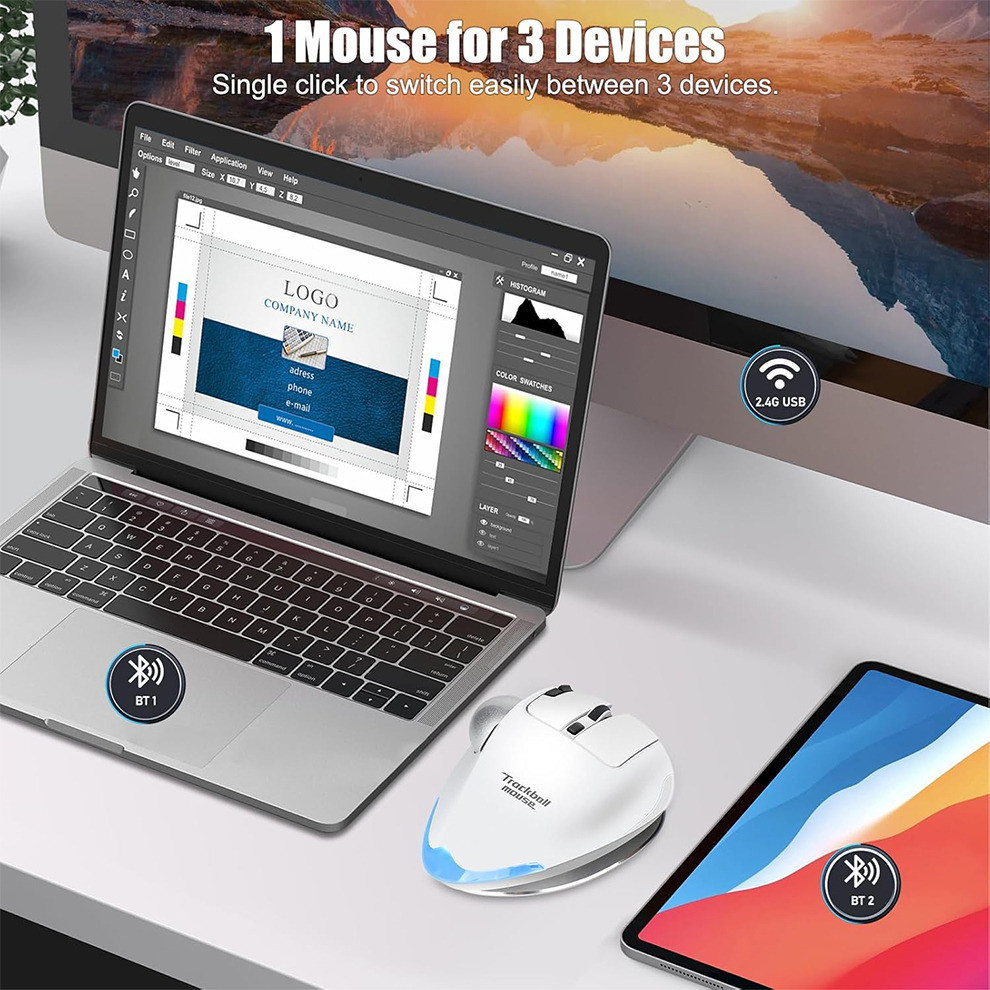 Bluetooth Trackball Mouse Ergonomic Rollerball 2.4G Wireless Mouse ...
