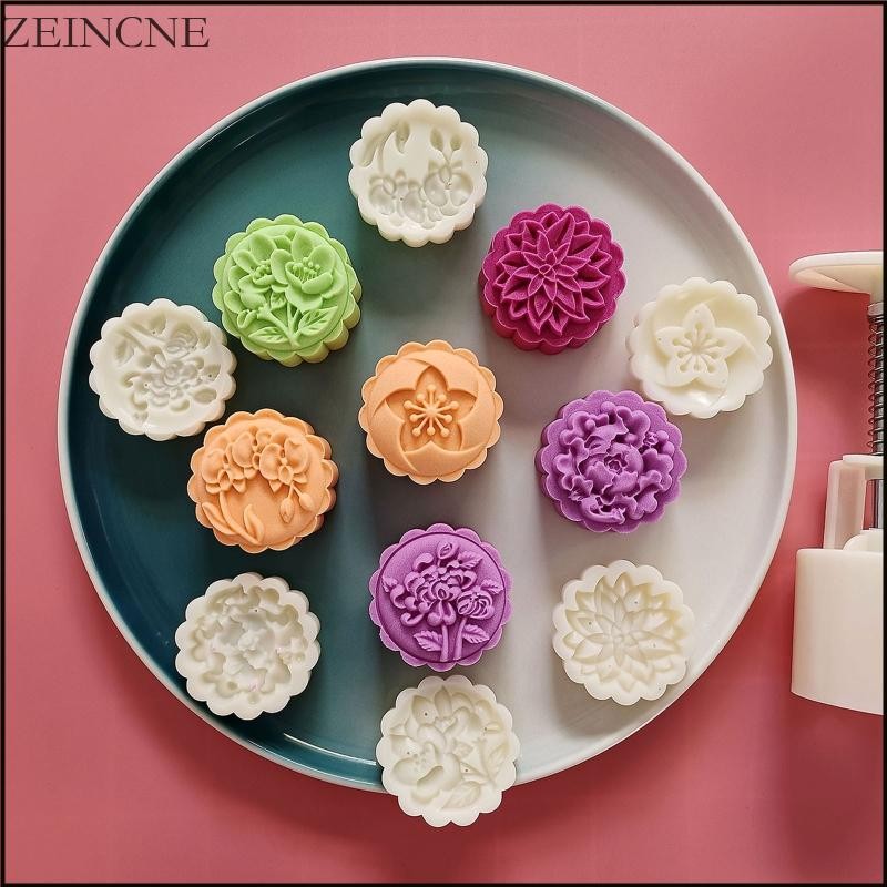 Zein 6Pcs Round Flower Mooncake Mold Set 50g Mid Autumn Festival DIY ...