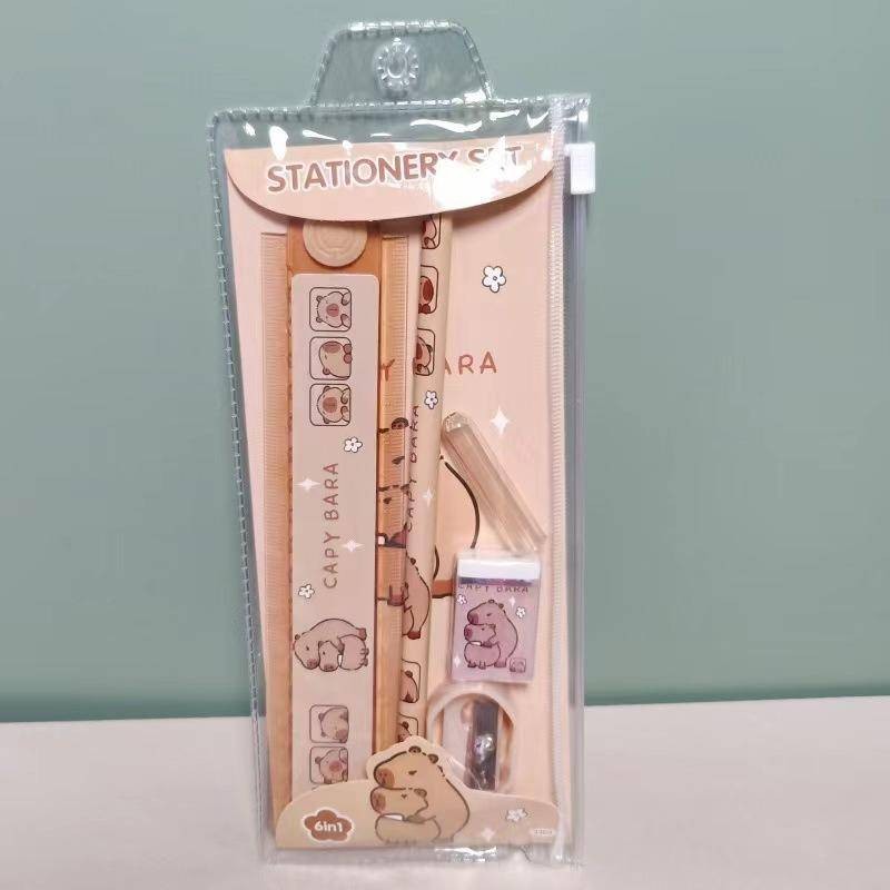 6Pcs/Set Capybara Plastic Pencil case cartoon gift set Cute student ...