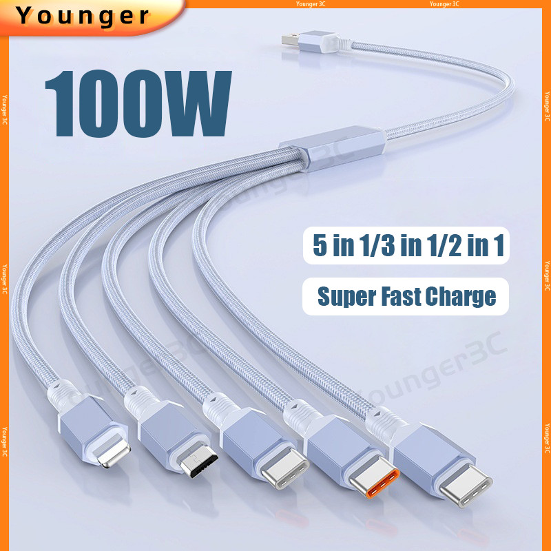 100W 5 In 1 Super Fast Charging Cable 1.2M 3 In 1 Weave Data Line 6A 2 ...