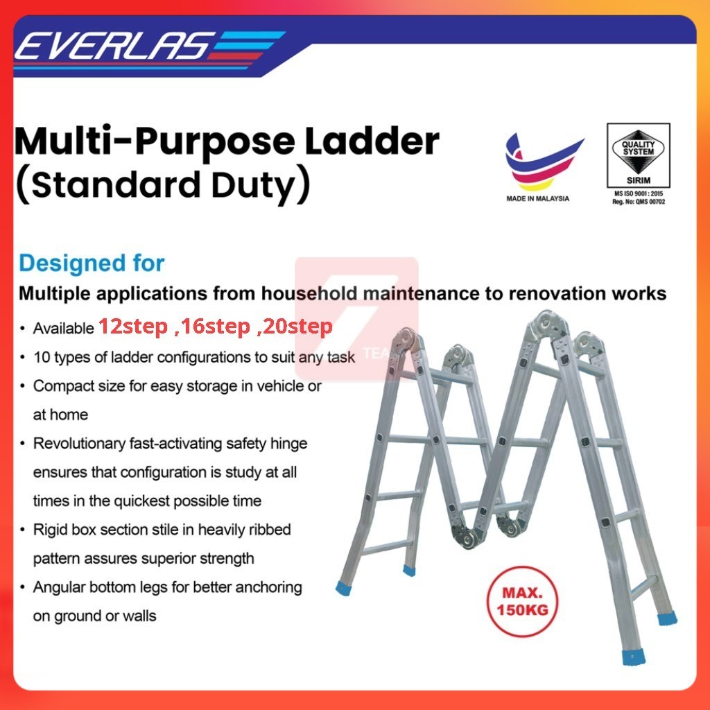 EVERLAS Standard Duty Foldable Ladder Multipurpose l Aluminium Folding ...