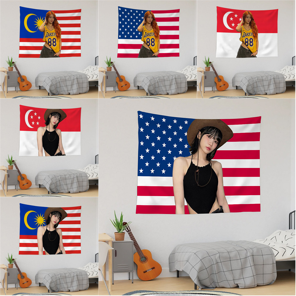 LE SSERAFIM Huh Yun Jin and Kim Chae-Won Flag Background Single Side Printing Polyester Tapestry ...