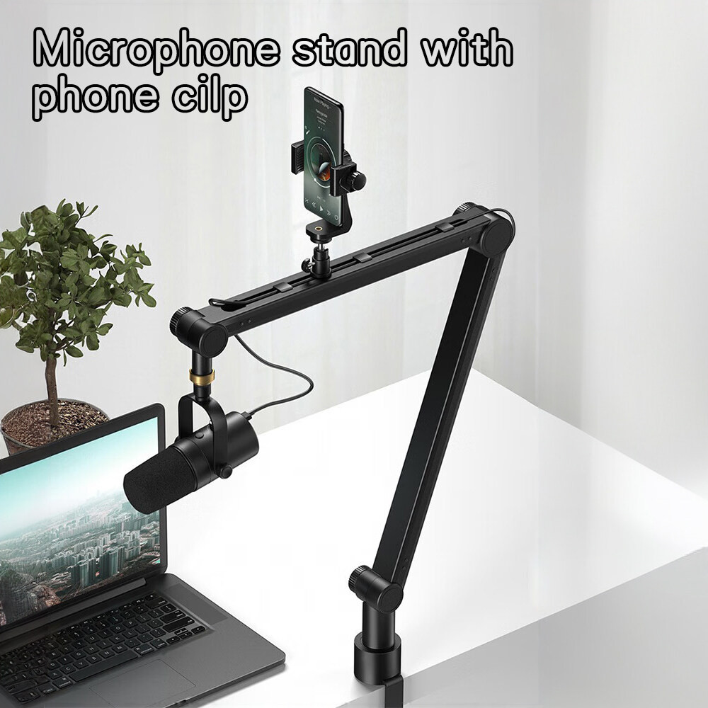 Mic Stand with Phone Holder Extendable Table Clamp Microphone Desk Arm ...
