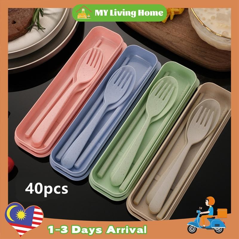 40pcs Wheat Cutlery 3 PCS Set Eco-friendly Reusable Dinner Tableware ...