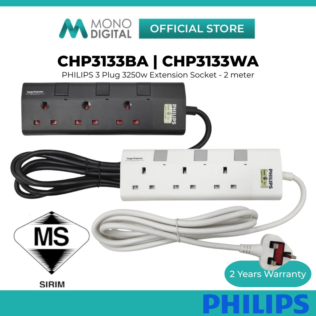 PHILIPS 3 CHARGER PORTS HEAVY DUTY UK PIN PLUG EXTENSION SOCKET WITH SIRIM CERTIFIED - CHP3133BA ...
