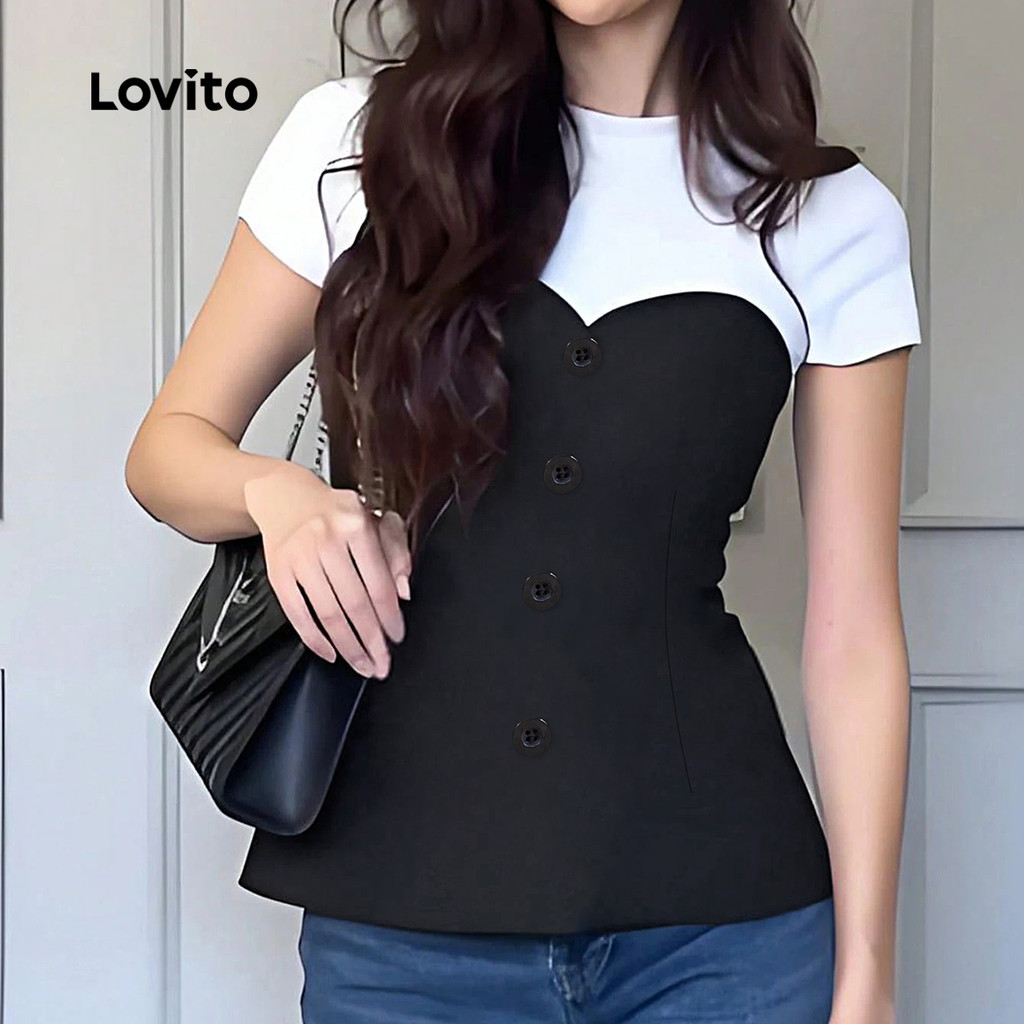 Lovito Elegant Blouse Round Fake 2 In 1 Button Front Summer/Spring ...