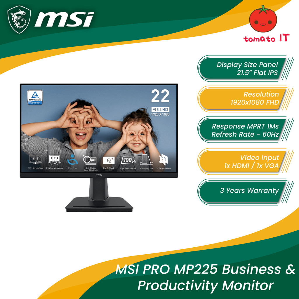 MSI PRO MP225 Monitor - 21.5"/FHD/IPS/100Hz/1ms MPRT/1x HDMI/1x VGA ...