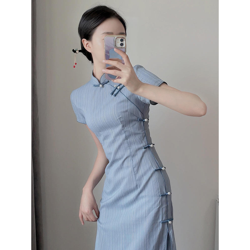 Classy Cheongsam Blue Republican Style 2024 Improved Young Style Daily ...