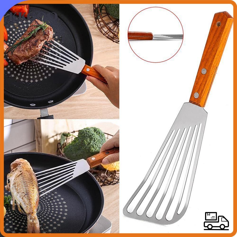 KKGOO Frying Spatula Stainless Steel Kitchen Wooden Handle Fish Spatula ...
