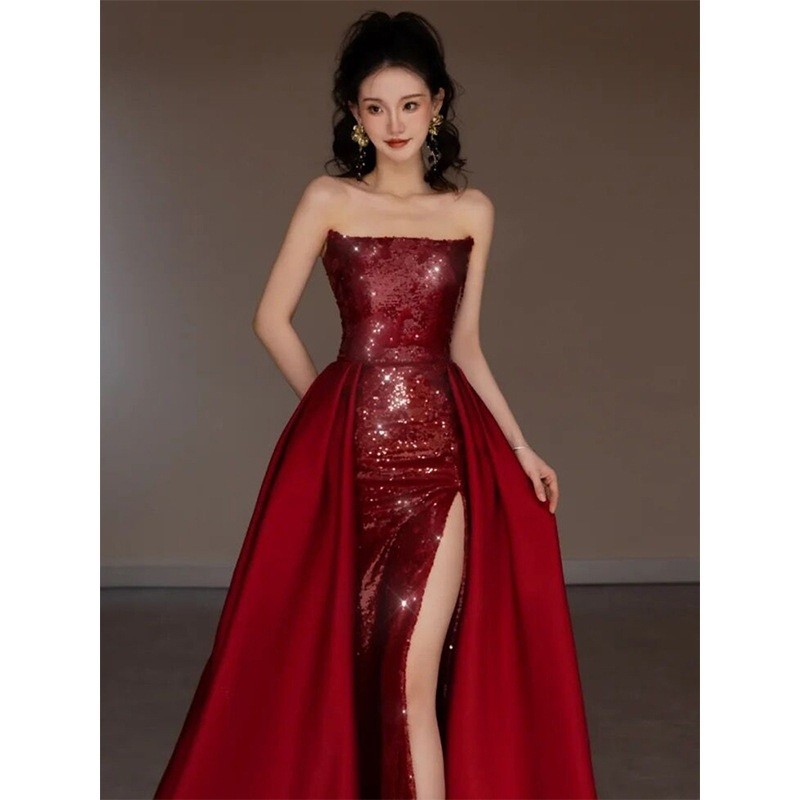 Wine Red Sequined Toast Dress for Bride Strapless Wedding Host Banquet ...