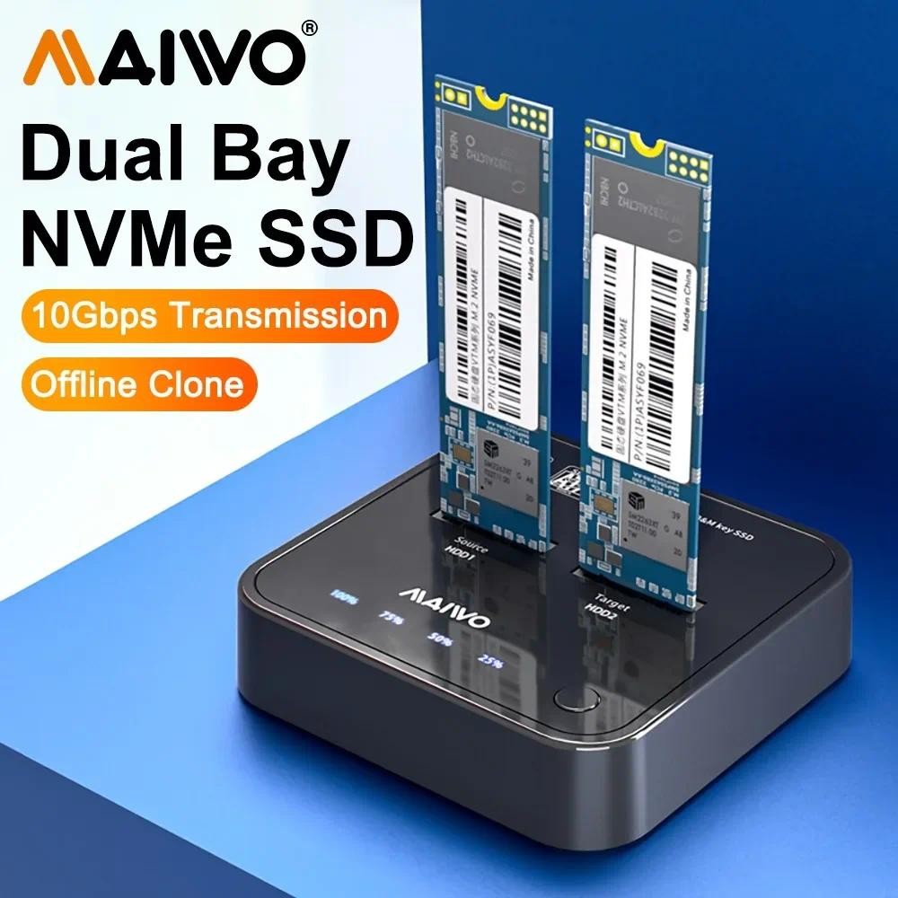 MAIWO M.2 NVMe SSD Enclosure Offline Clone 10Gbps Dual Bay NVME Docking ...