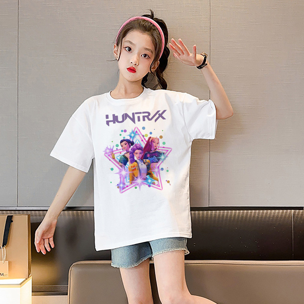KPOP Demon Hunters Huntrix Anime Print Girls Shirts Kids Short Sleeve T ...