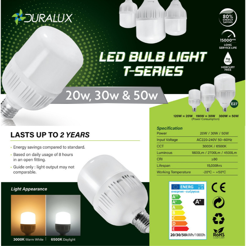 (Sirim) Duralux High Power Led Bulb E27 T80 20w/T100 30w/ T140 50w Led Lamp Bulb (Daylight/ Warm ...