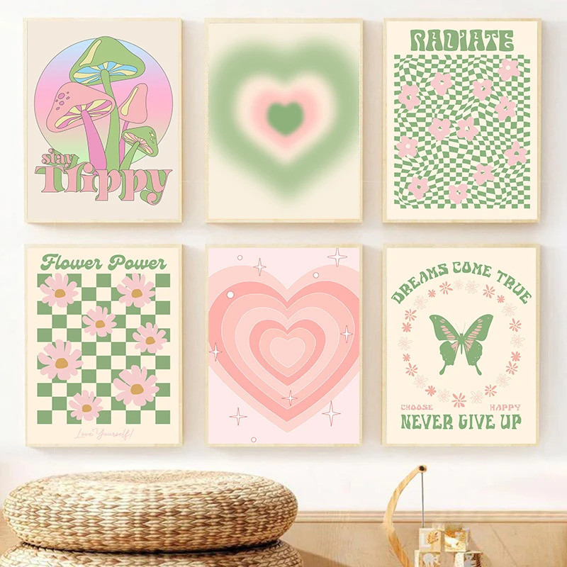 Abstrak bunga jantung cendawan rama-rama poster Danish Pastel kanvas ...