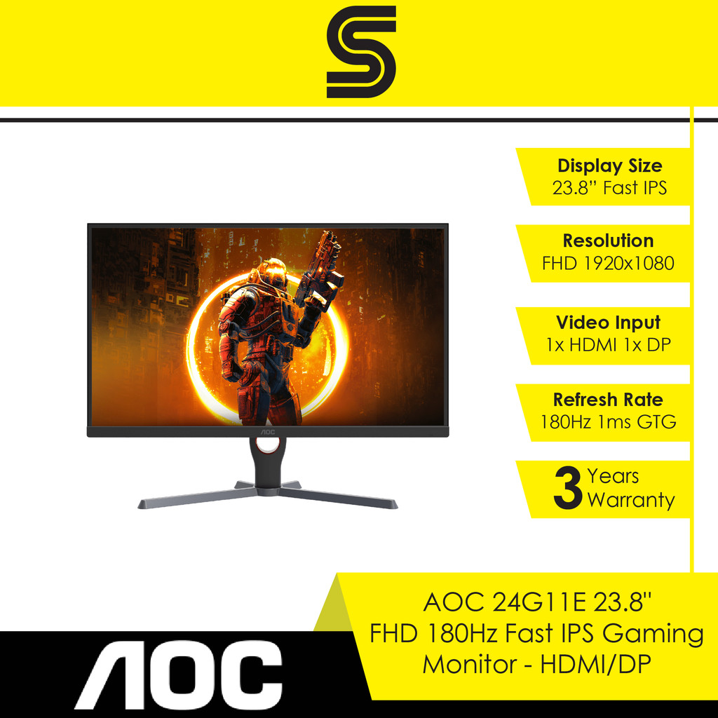 AOC 24G11E 23.8" 180Hz Gaming Monitor - Fast IPS/FHD/1ms/1x HDMI/1x DP ...
