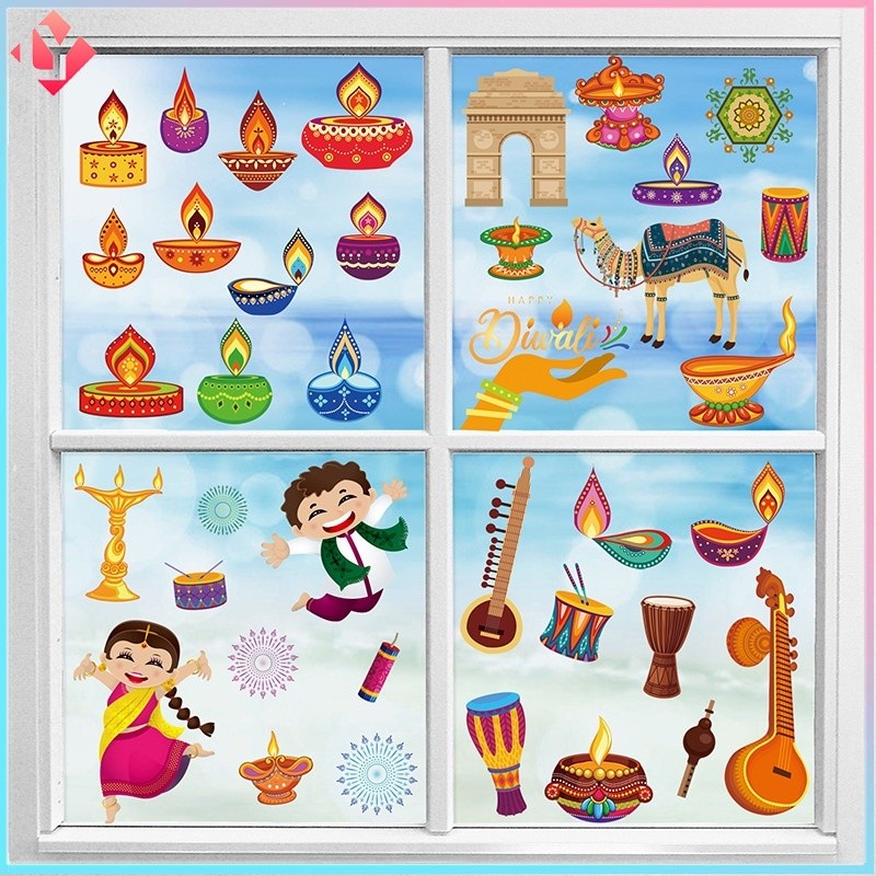 9 pcs/set Diwali Electrostatic Window Sticker Deepavali Decor Festival ...