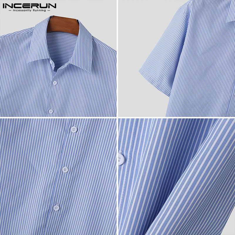 INCERUN Men Korean Design Premium Shoulder Padded Striped Short Sleeve ...