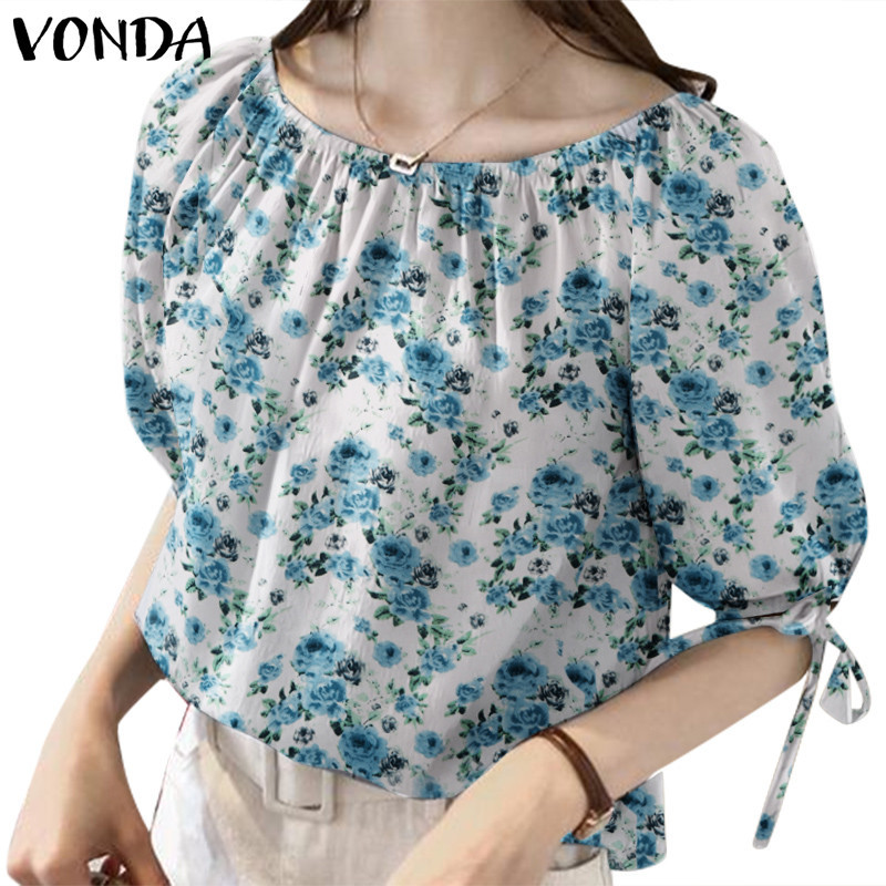 VONDA Women Korean Casual Round Neck Half Sleeve Floral Drawstring ...