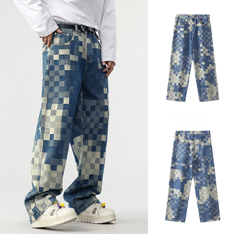 S-3XL Fashionable Checkerboard Jeans For Men American High Street Retro ...