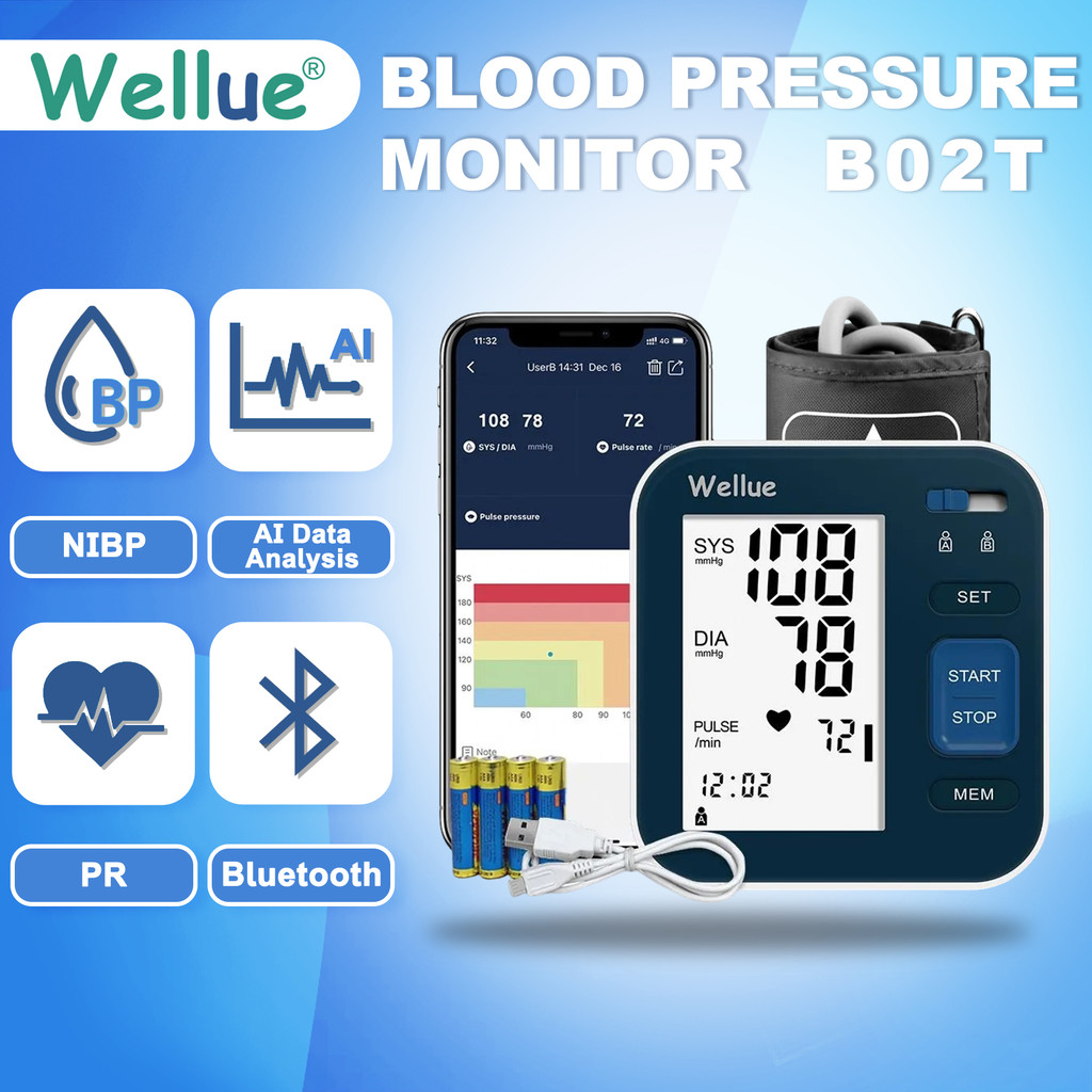 Wellue B02T BP Machine Digital Blood Pressure Monitors Sphygmomanometer ...