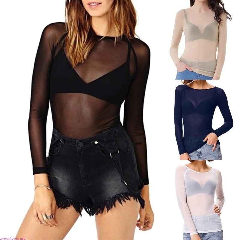 sweety Women Sheer Mesh Blouses Ladies Slim Long Sleeve Crewneck See-Through Mesh Tops | Shopee ...