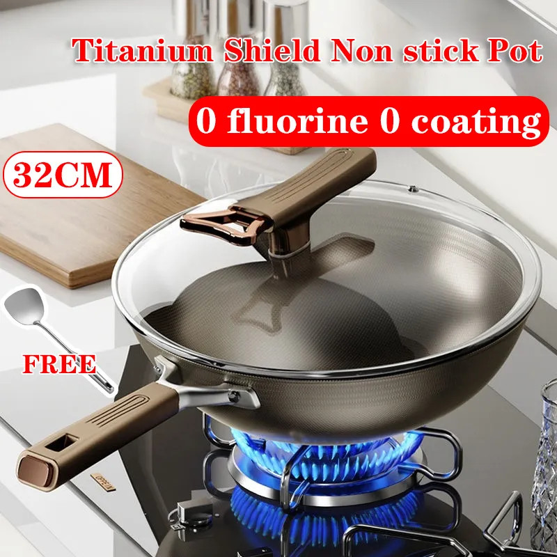 （Can Be Used For 10 Years）32CM Double Sided Titanium Wok 0 Fluorine 0 ...