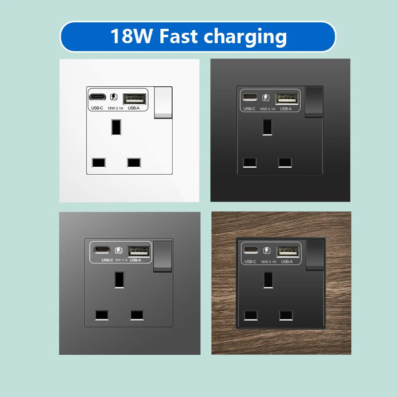 UK 13A Wall Socket With USB Type C 18W Quick Charge Plug Socket,Britain ...