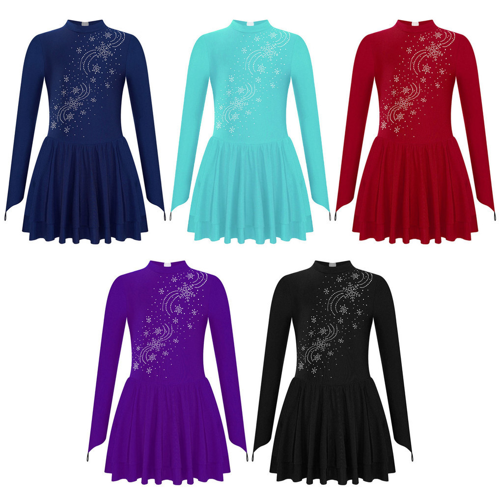 inhzoy Kids Girls Shiny Rhinestones Dance Dress Figure Skating Performance Costume Long Sleeve ...