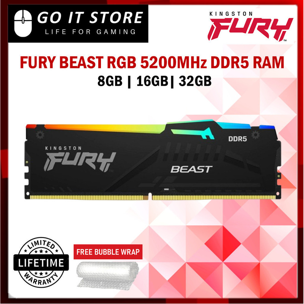 Kingston FURY Beast DDR5 5200MT/s CL36 RGB Memory Ram (8GB/16GB/32GB) (KF552C40BBA-8 KF552C40BBA ...