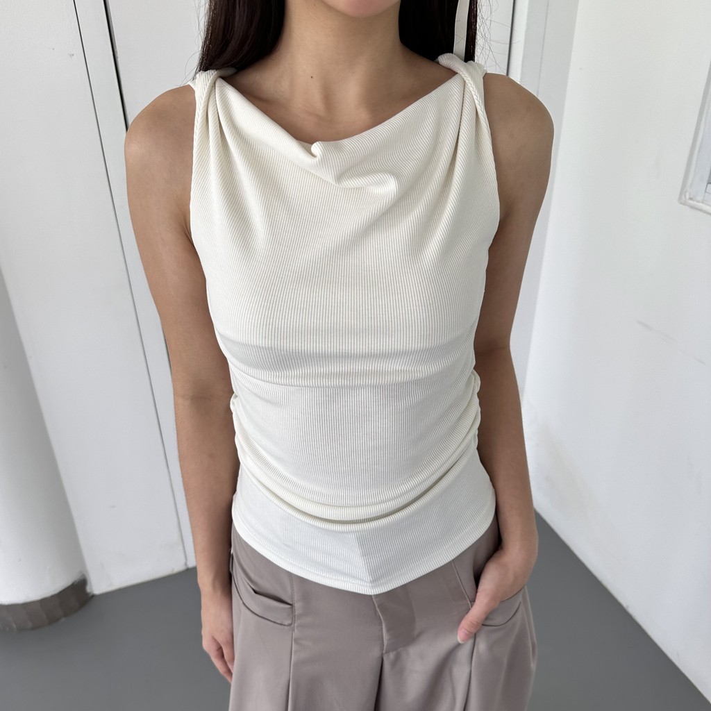Lila Top - Ribbed Knit Drape Top Cowl Neck Off Shoulder Racer Tee T ...