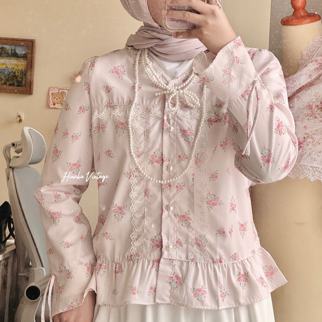 Himeka Vintage - Nancy Blouse - Coquette Vintage Blouse - Pink Floral ...
